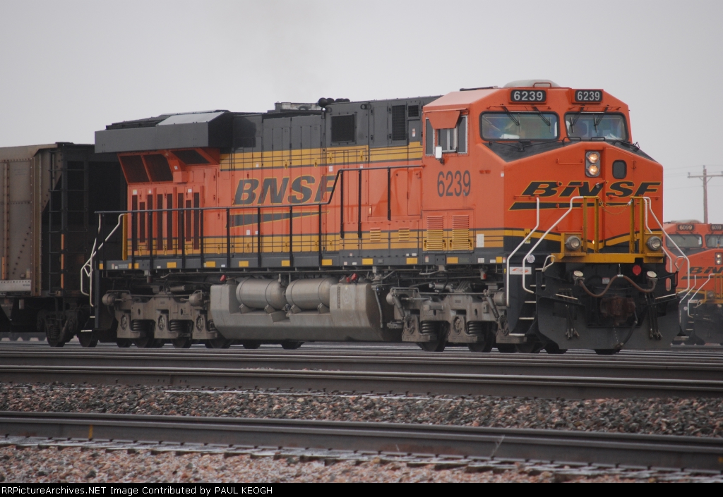 BNSF 6239 close up shot as she waits to head west into the Powder River Mines to load up the ...
